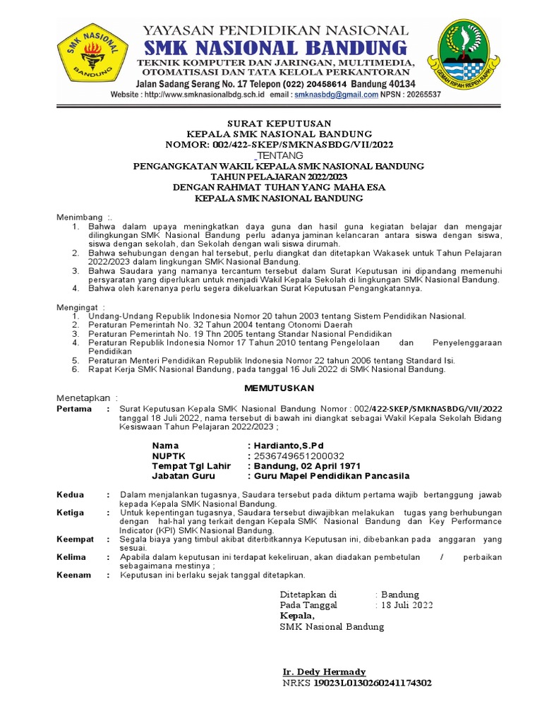 SK WAKASEK Kesiswaan SMK | PDF