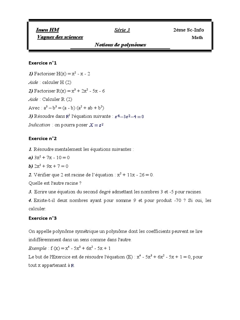 Série3 Math - Notions de Polynômes - 2éme | PDF