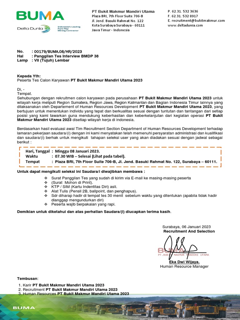 Surat Undangan Interview Calon Karyawan PT Bukit Makmur Mandiri Utama ...
