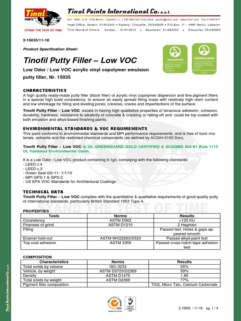 Low Odor / Low VOC Acrylic Vinyl Copolymer Emulsion Putty Filler, Nr ...