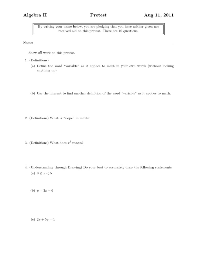 Algebra II Pretest Questions and Solutions | PDF