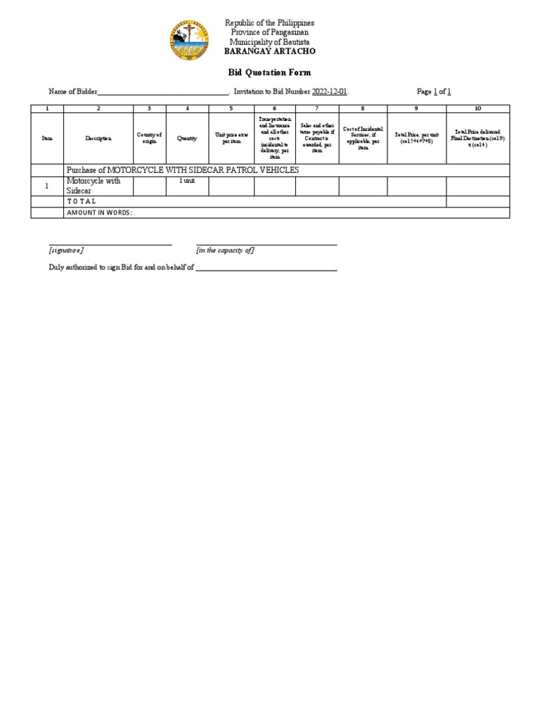 Bid Quotation Form | PDF | Prices | Government Finances