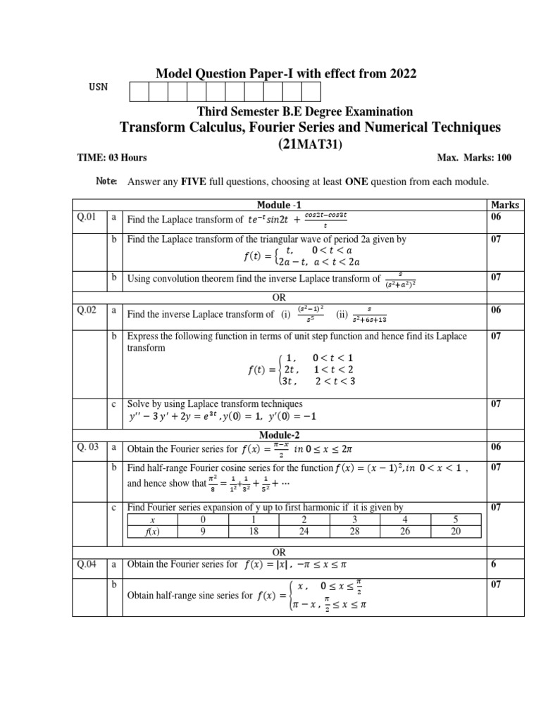 Model Question Pape 1 M3 - 21-22 | PDF | Laplace Transform ...