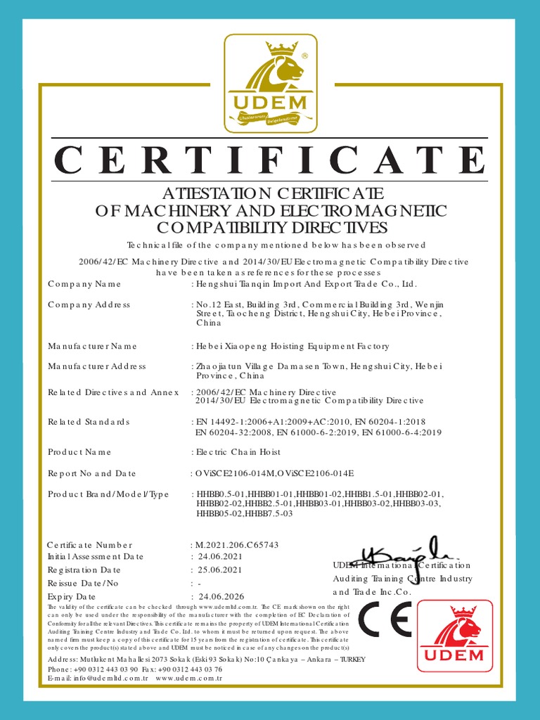 Attestation Certificate of Machinery and Electromagnetic Compatibility ...
