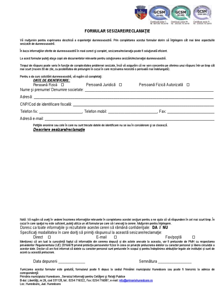 Model Formular Sesizare - Reclamaie | PDF