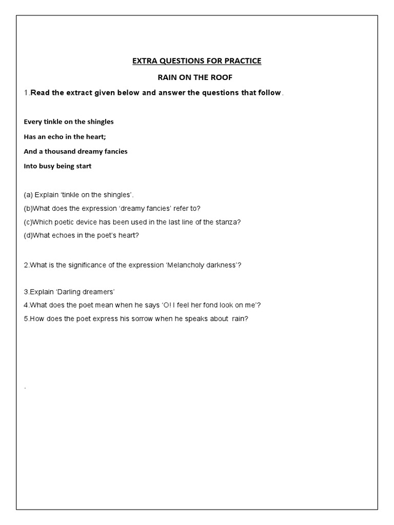 Extra Questions For The Poem 'Rain On The Roof' | PDF