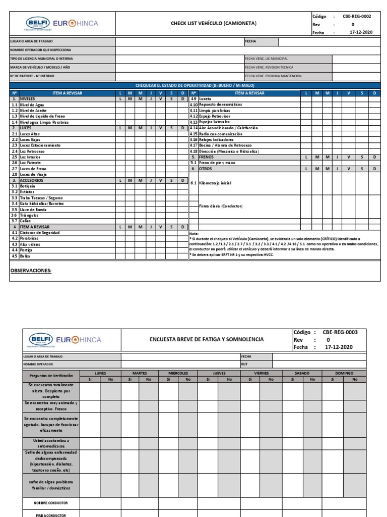 CBE-REG-0002 Rev.0 - Check List - Semanal Camioneta | PDF