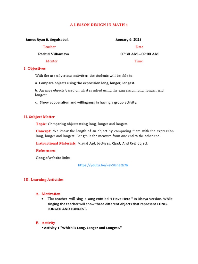 Comparing Lengths: A Math Lesson Plan | PDF