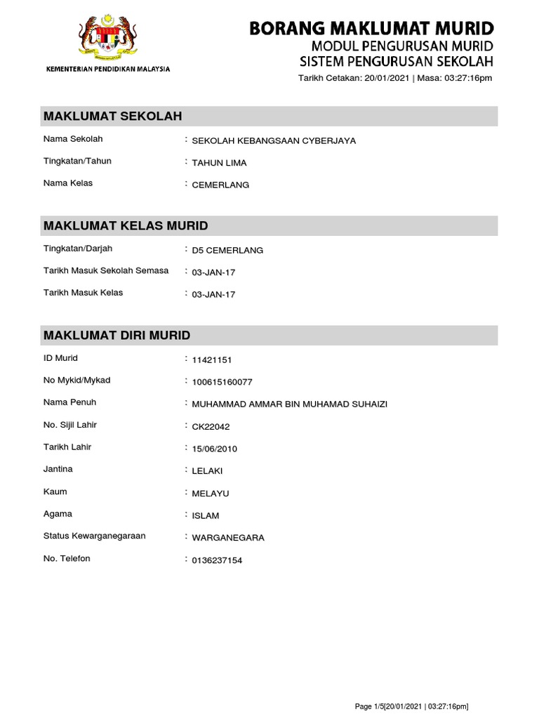 Borang Maklumat Modul Pengurusan Murid - Ammar | PDF