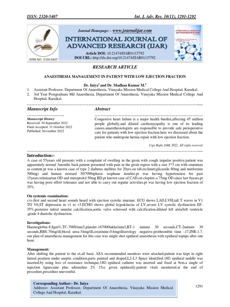 Anaesthesia Management in Patient With Low Ejection Fraction | Download ...