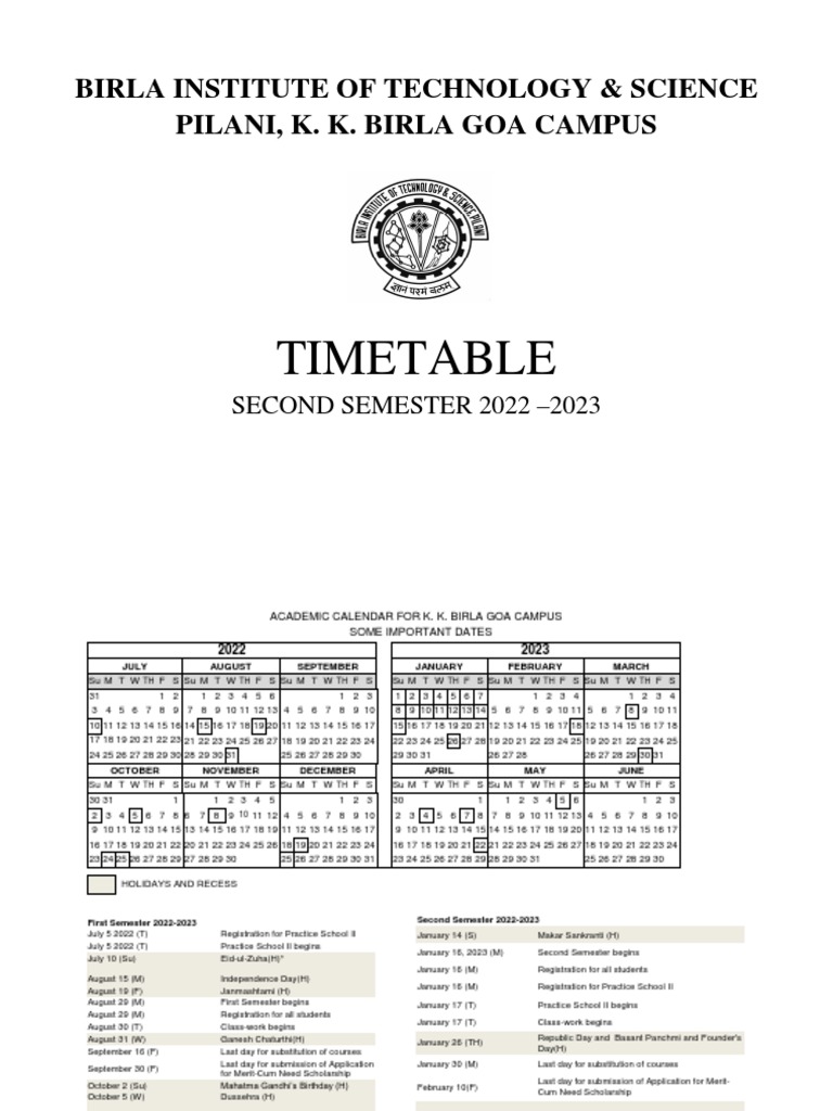 Time Table Sem 2 BITS Goa | PDF