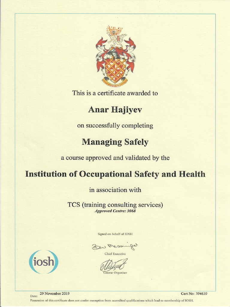 Managing - IOSH Training Sertificate - 29.11.2019 | PDF