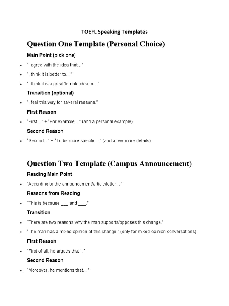 TOEFL Speaking Templates | PDF | Language Arts & Discipline