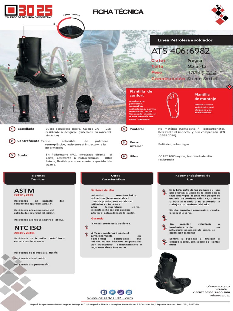 Ficha - Tecnica de Bota ATS 406 6982 - Soldador-3025 Cormancol | PDF | Materiales | Sustancias ...