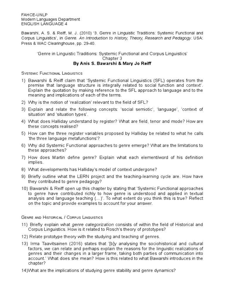 Bawarshi & Reiff (2010) - Chap 3. Genre in Linguistic Traditions. SFL and Corpus Linguistics ...