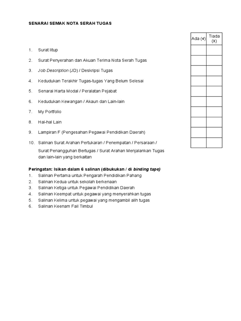 Format Nota Serah Tugas Guru | PDF