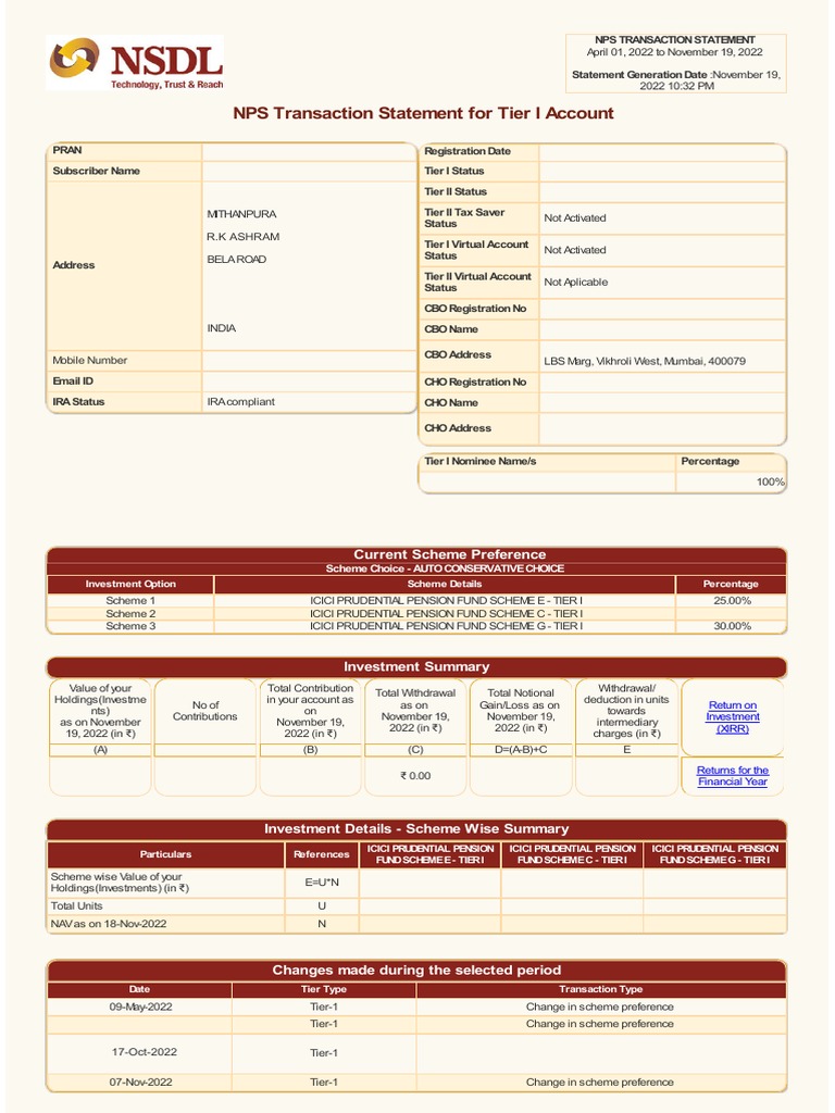 NPS Transaction Statement For Tier I Account: Current Scheme Preference | PDF