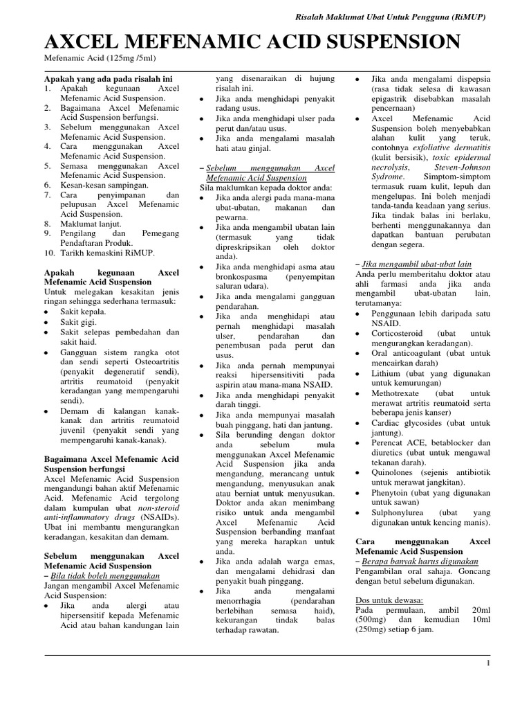 Axcel Mefenamic Acid Suspension 125mg Per 5ml (Mefenamic Acid) KOTRA PHARMA (M) SDN BHD ...