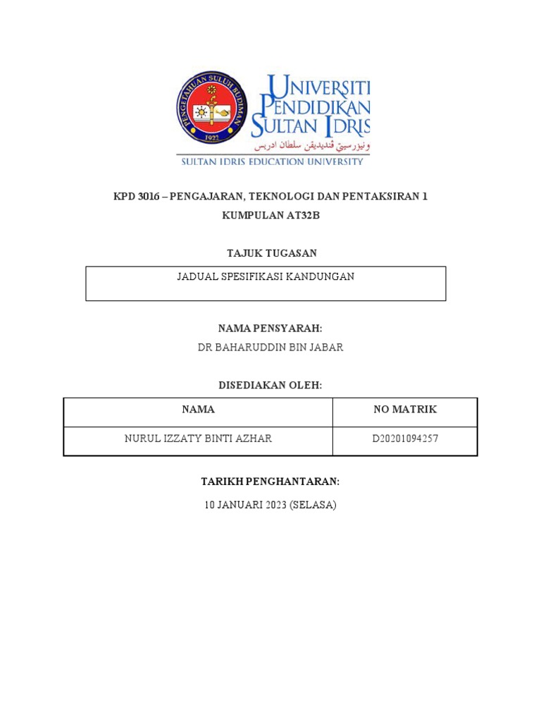 Contoh Jadual Spesifikasi Kandungan | PDF