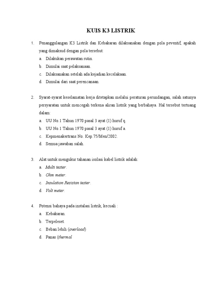 KUIS K3 Listrik | PDF | Teknologi & Rekayasa