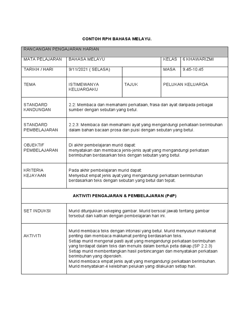 Contoh RPH Bahasa Melayu | PDF Contoh RPH Bahasa Melayu | PDF