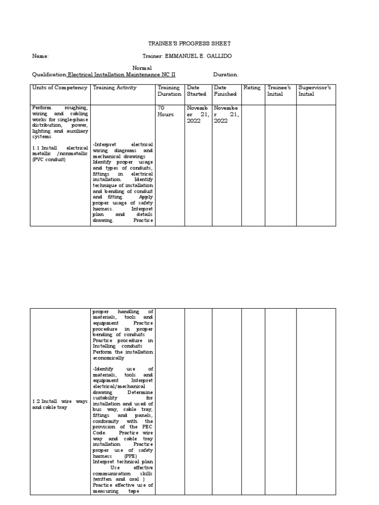 TRAINEE - PROGRESS Sheet | PDF | Electrical Wiring | Lighting