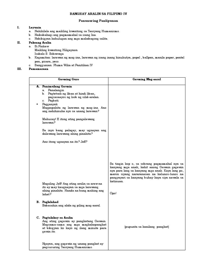 Banghay Aralin Sa Filipino Iv | PDF