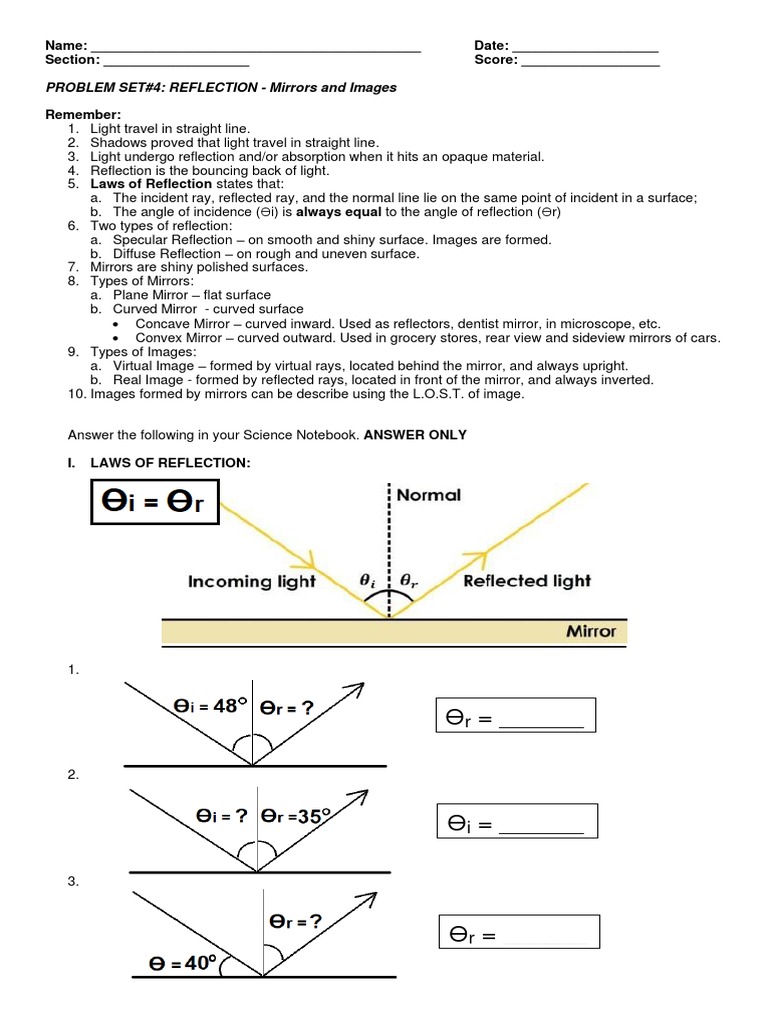 Problem Set4 Reflection Mirrors And Images For Google Classroom