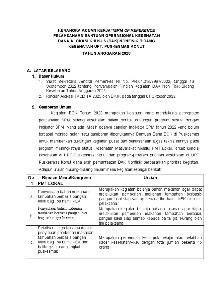 Tor PMT Lokal Upt. Puskesmas Konut Tahun 2023 | PDF