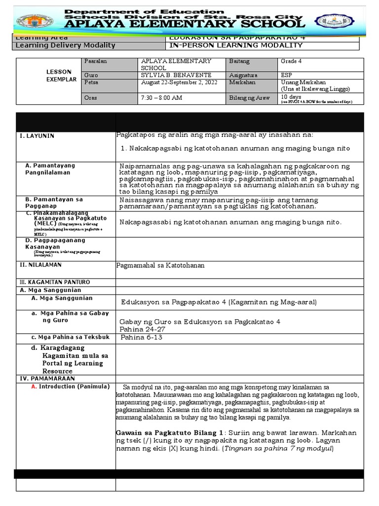 Esp-4-Lesson-Exemplar-Benavente Week 1 and 2 | PDF