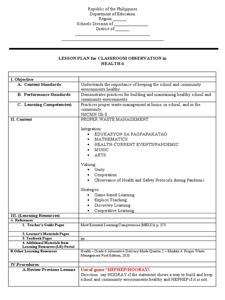Grade 6 Lesson Plan: Waste Management | PDF | Waste Management ...