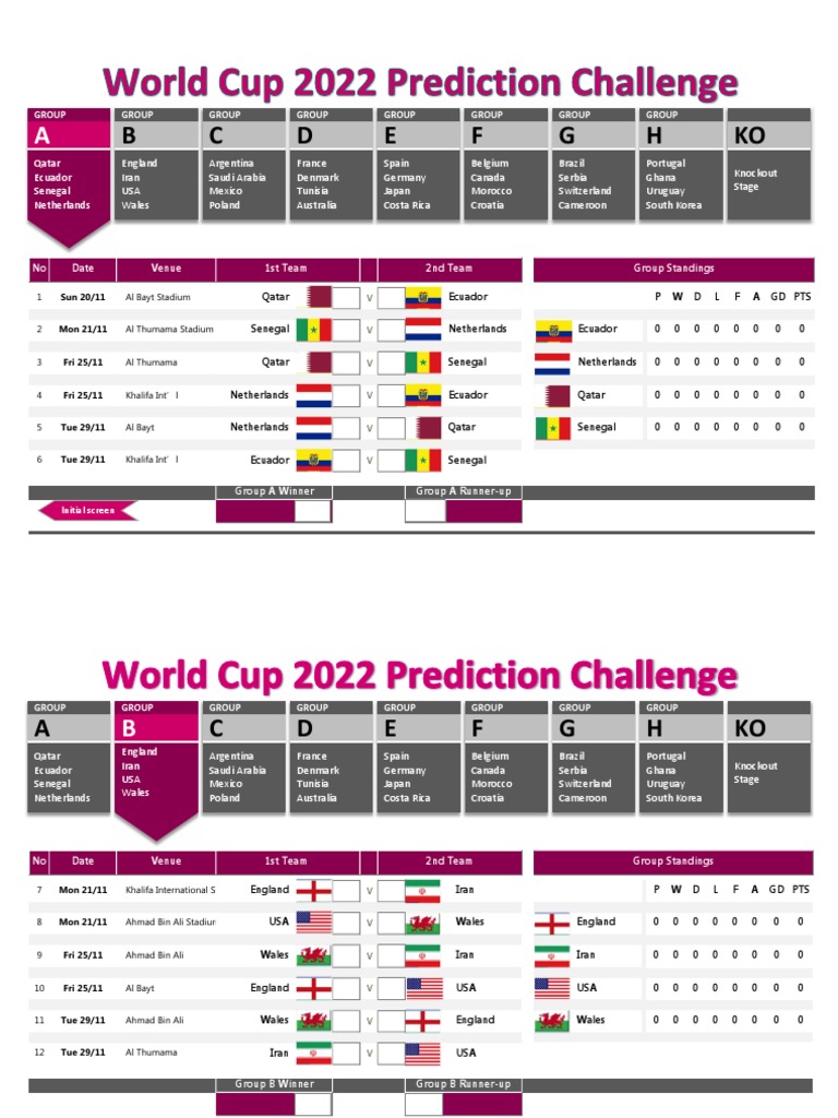 World Cup 2022 Qatar Prediction Template | PDF | England National ...