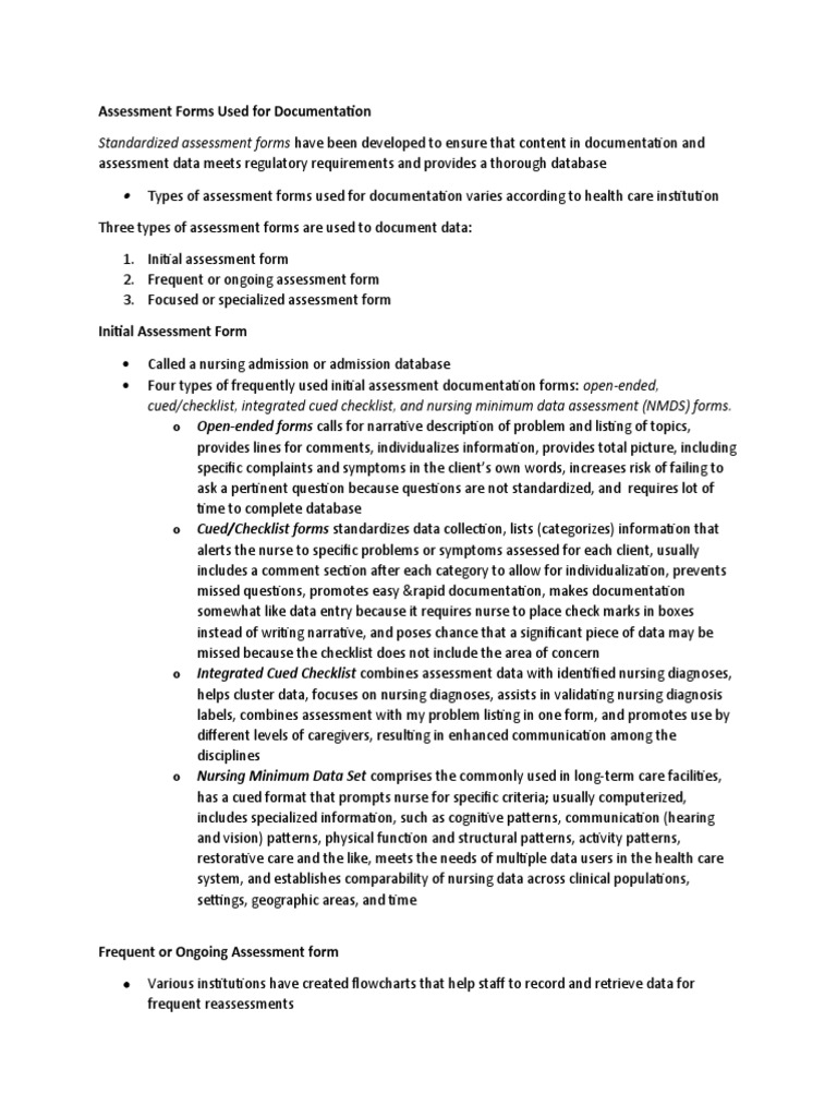 Assessment Forms Used For Documentation | PDF