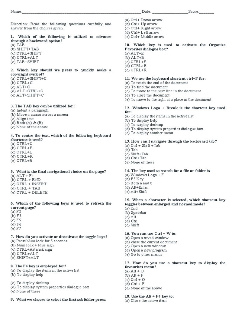Computer Keyboard Shortcut Test No Answer | PDF | Keyboard Shortcut ...