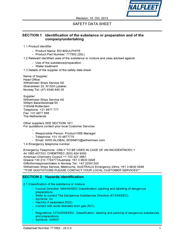 Safety Data Sheet for Sodium Hydrogen Sulphite Solution | PDF ...