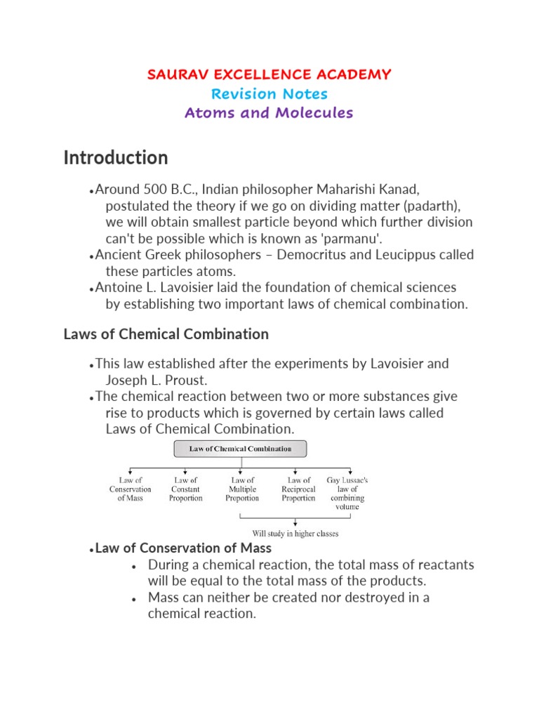 9th Atoms and Molecules Revision Notes-1 | PDF | Mole (Unit) | Ion