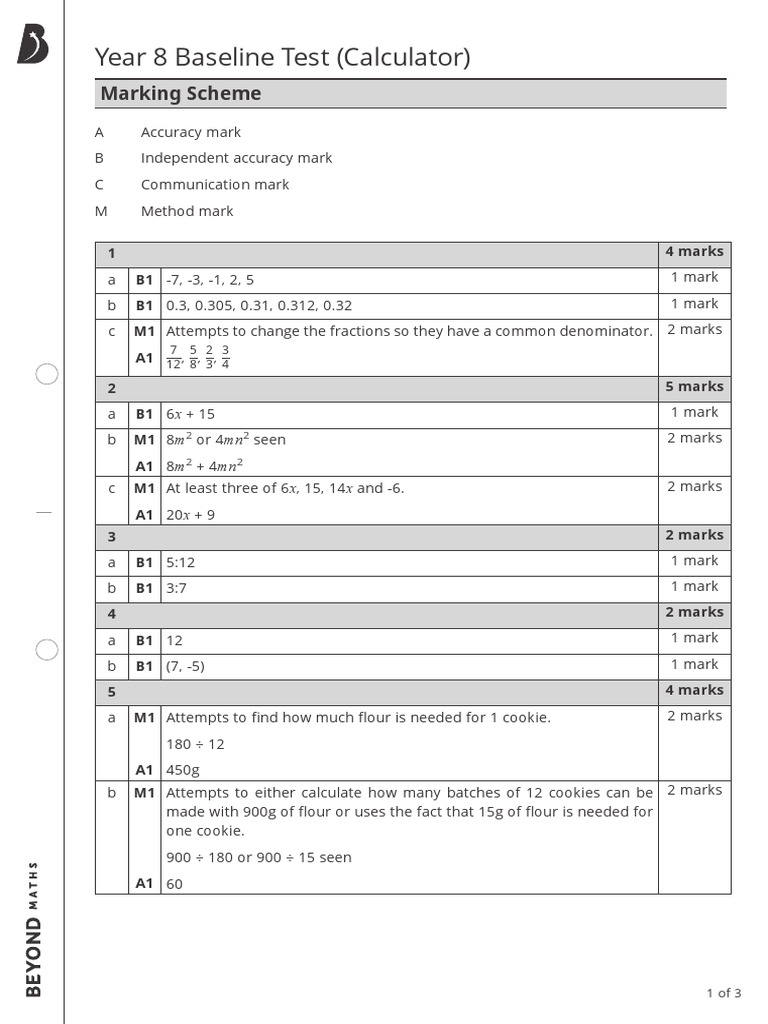 Year 8 Baseline Test Mark Scheme - Calculator | PDF | Mathematics ...