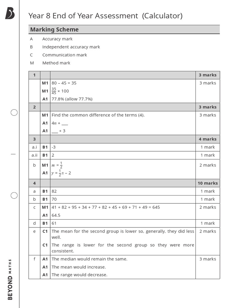 Y8 End of Year Mark Scheme - Calculator | PDF