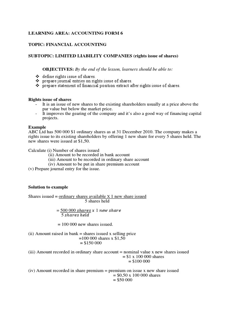 Rights Issue of Shares in Accounting | PDF | Equity (Finance) | Capital ...