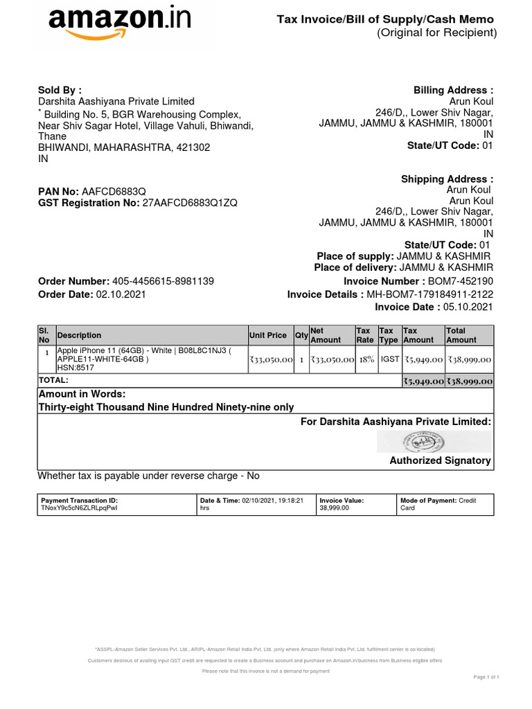 iPhone 11 Invoice for Jammu Purchase | PDF
