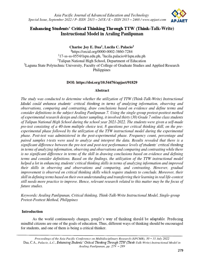 Enhancing Students' Critical Thinking Through TTW (Think-Talk-Write) Instructional Model in ...