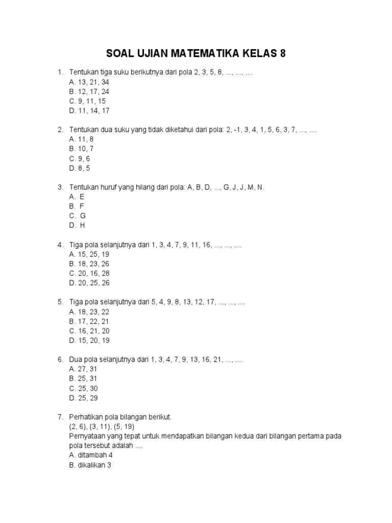 Soal Ujian Matematika Kelas 8 | PDF