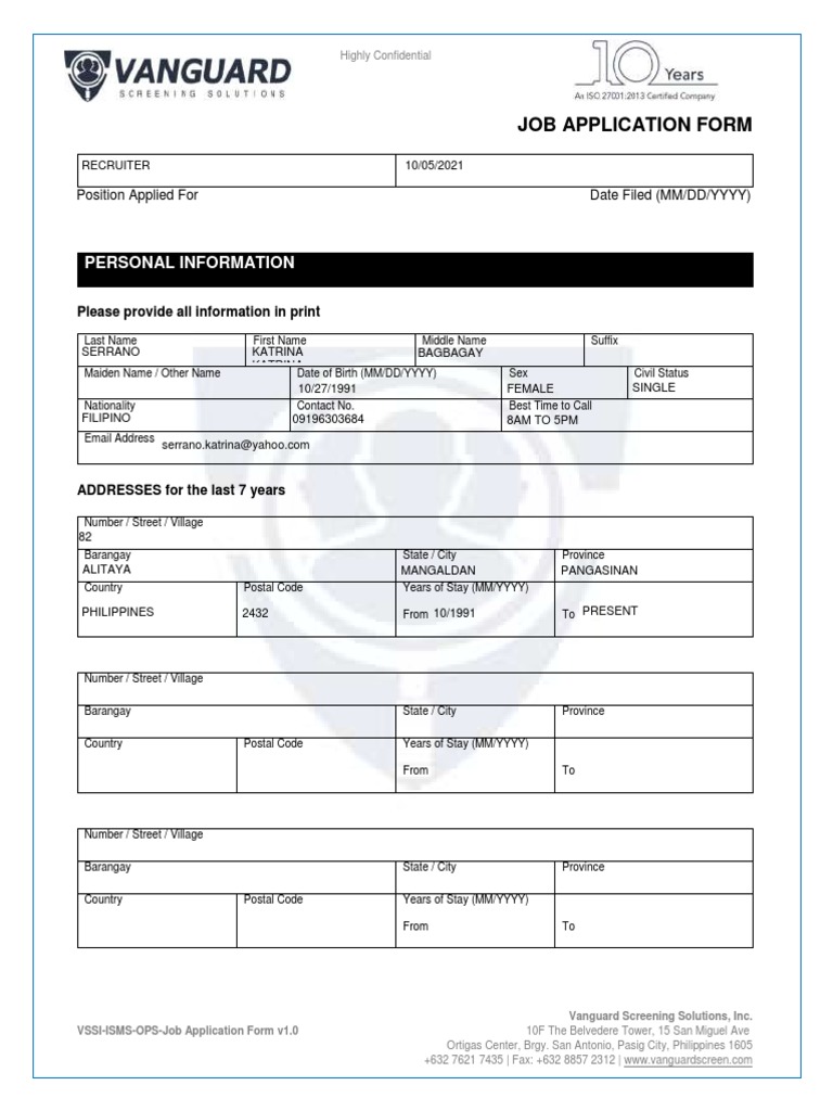 Application Form FILLED OUT | PDF | Background Check | Business