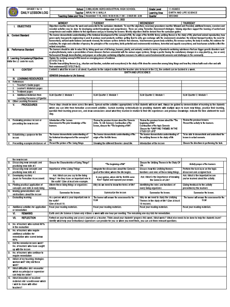 Week 1 Earth and Life Science Plan | PDF | Learning | Life