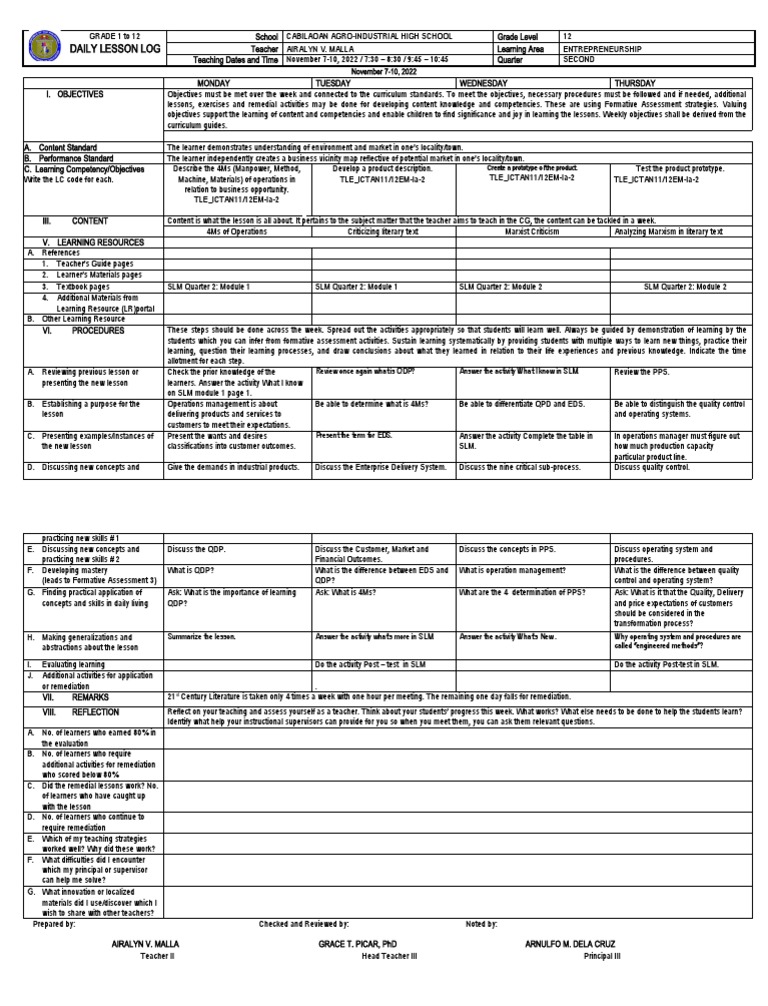 Q2 W1 DLL Entrep | PDF | Teaching Method | Learning
