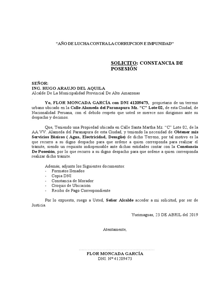 Modelo De Solicitud Constancia De Posesion