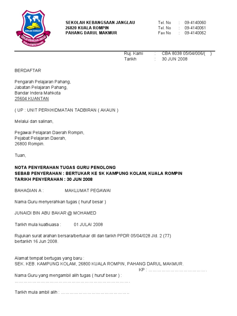 Surat Nota Serah Tugas | PDF