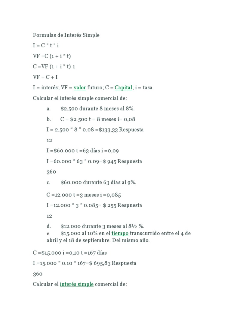 Formulas de Interés Simple | PDF | Bancos | Bancario