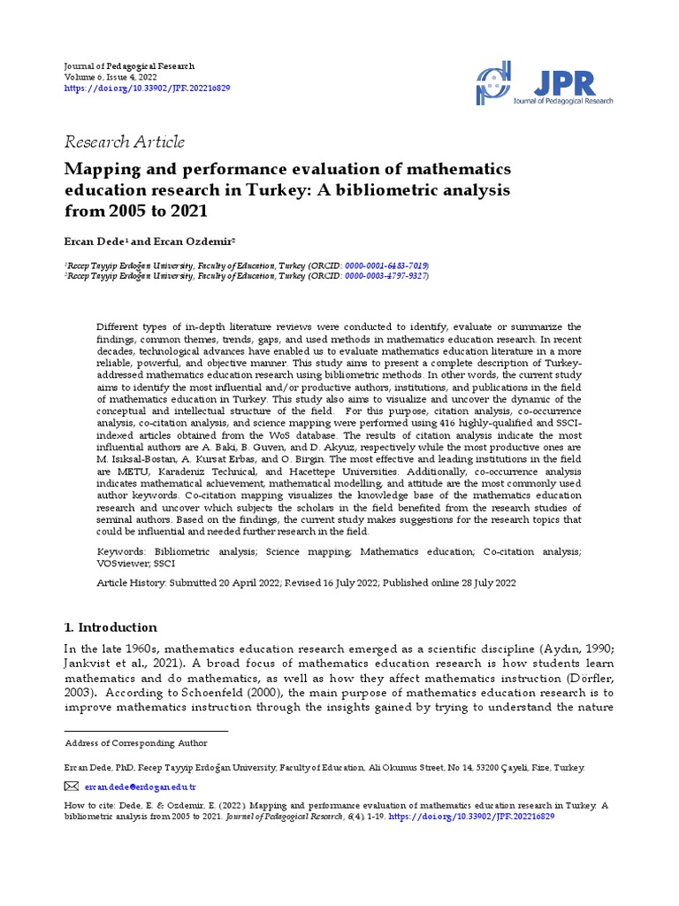 Mapping and Performance Evaluation of Mathematics Education Research in ...