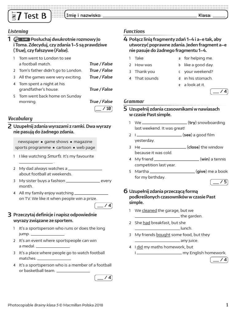 Brainy Kl5 Unit Test 7 B | PDF | Entertainment